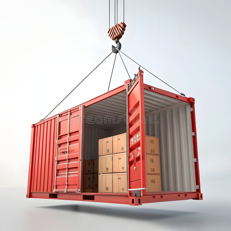 Open Red Cargo Container Lifting by Crane Stock Illustration ...