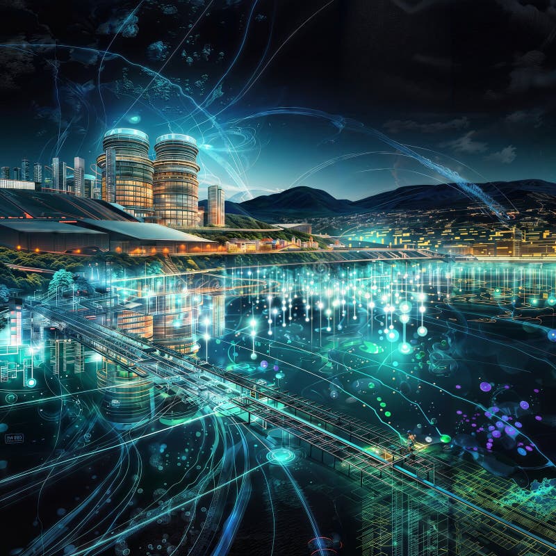 Smart City and Internet of Things Concept. 3d Rendering Double Exposure ...