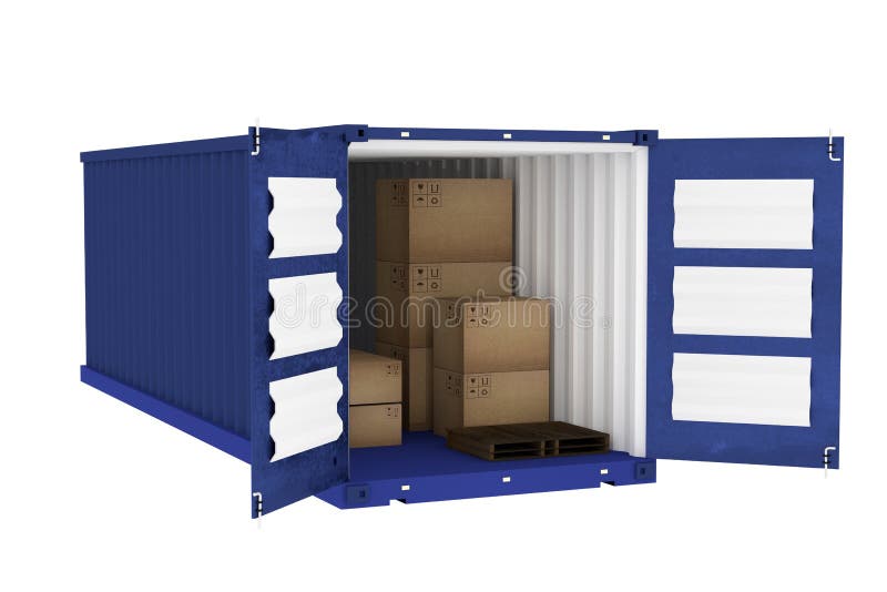 3D Rendering : Illustration of Blue Container with Cardboard Boxes ...
