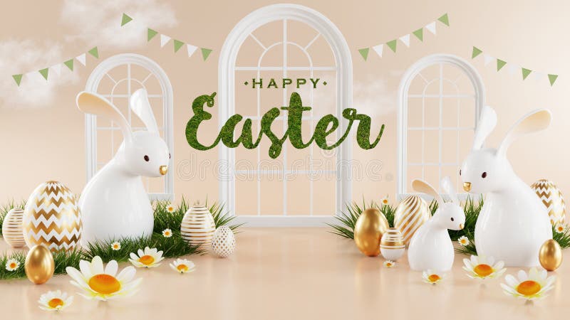 3d Rendering Illustration Easter Day and Podium Realistic Rabbit Bunny with Gold Easter Egg ...