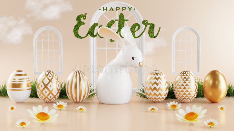 3d Rendering Illustration Easter Day and Podium Realistic Rabbit Bunny with Gold Easter Egg ...