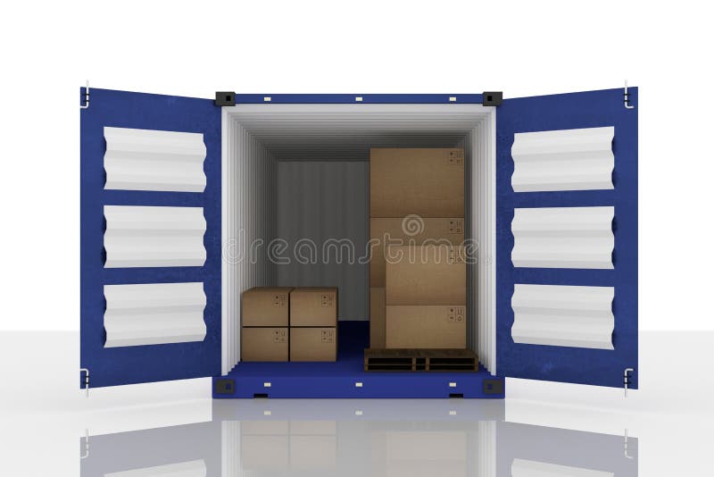3D Rendering : Illustration of Open Blue Container with Cardboard Boxes ...