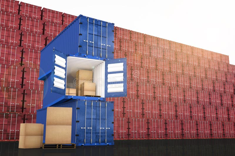 3D Rendering : Illustration of Stacked Blue Container with Cardboard ...