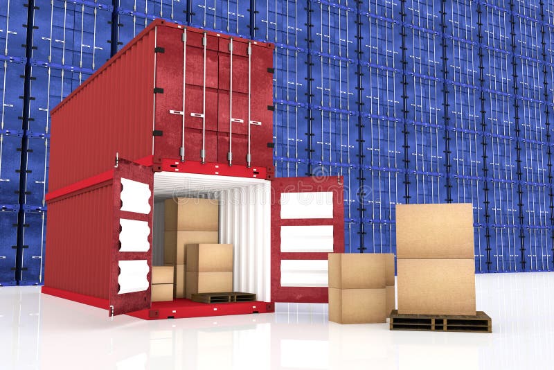3D Rendering : Illustration of Stacked Red Container with Cardboard ...
