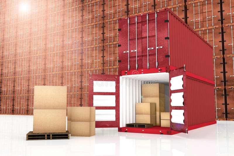 3D Rendering : Illustration of Stacked Red Container with Cardboard ...