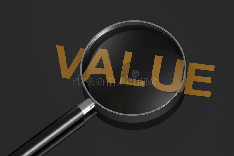 3D Rendering Illustration of Value Word Under a Magnifying Glass Stock ...