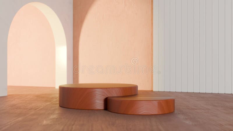 3D Rendering Image of Wooden Round Podiums in Contemporary Studio Stock ...