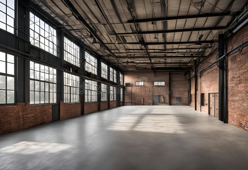 Interior of Industrial Warehouse with Large Windows and Brick Walls. 3d ...