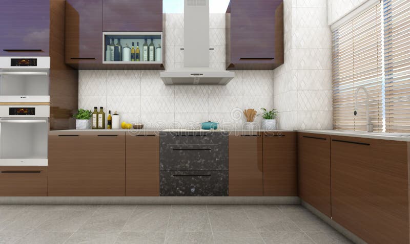 3d Rendering Interior Design of a Brown Kitchen Stock Illustration ...