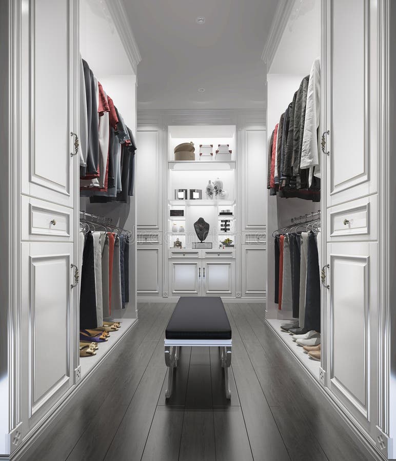 3d Rendering Classic White Wood Walk in Closet with Wardrobe Stock ...
