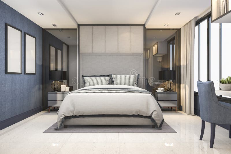 3d Rendering Blue Modern Luxury Bedroom Suite in Hotel with Decor Stock ...