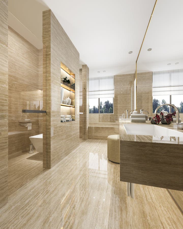 3d Rendering Modern Bathroom with Luxury Tile Decor Stock Illustration ...