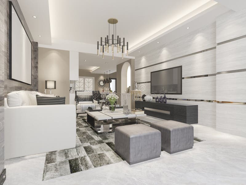 3d Rendering Modern Dining Room and Living Room with Luxury Decor Stock ...