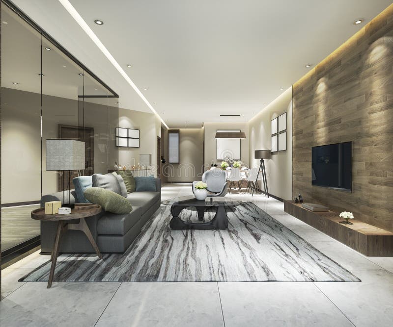 3d Rendering Modern Dining Room and Living Room with Luxury Decor Stock ...