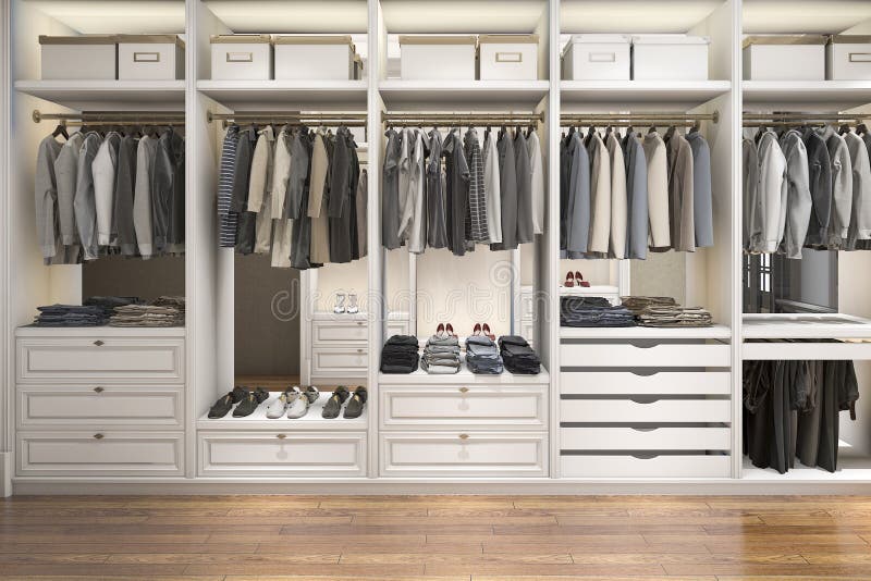 3d Rendering Modern Scandinavian White Wood Walk in Closet with ...