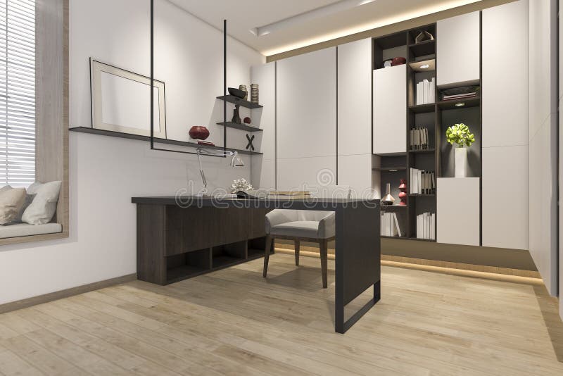 3d Rendering Modern White Minimal Working Room Stock Illustration ...