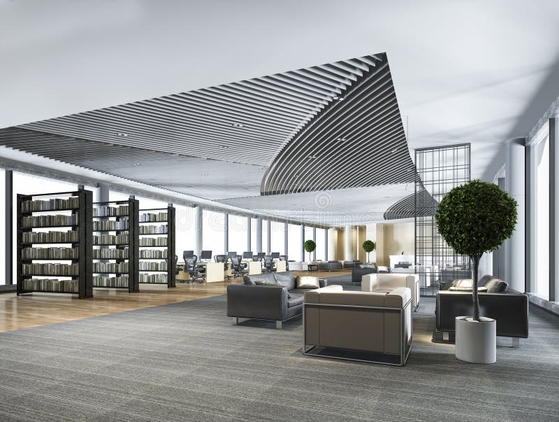 3d Rendering Elegant Lounge Lobby Area and Library with Working Desk ...