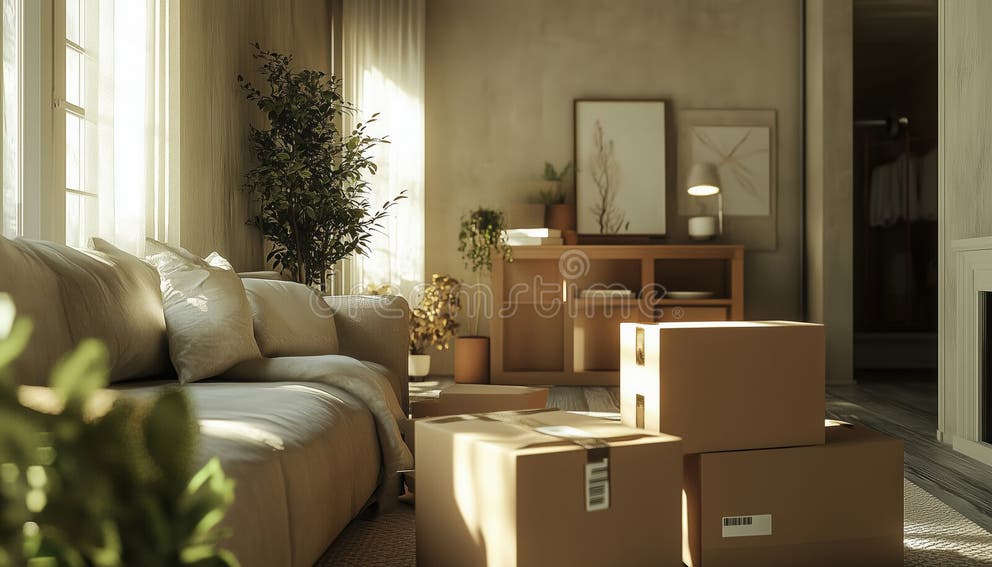3d Rendering of Interior Filled with Cardboard Boxes for Relocation ...