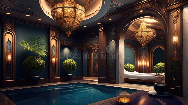 3D Rendering of the Interior of a Luxury Hotel with a Swimming Pool ...