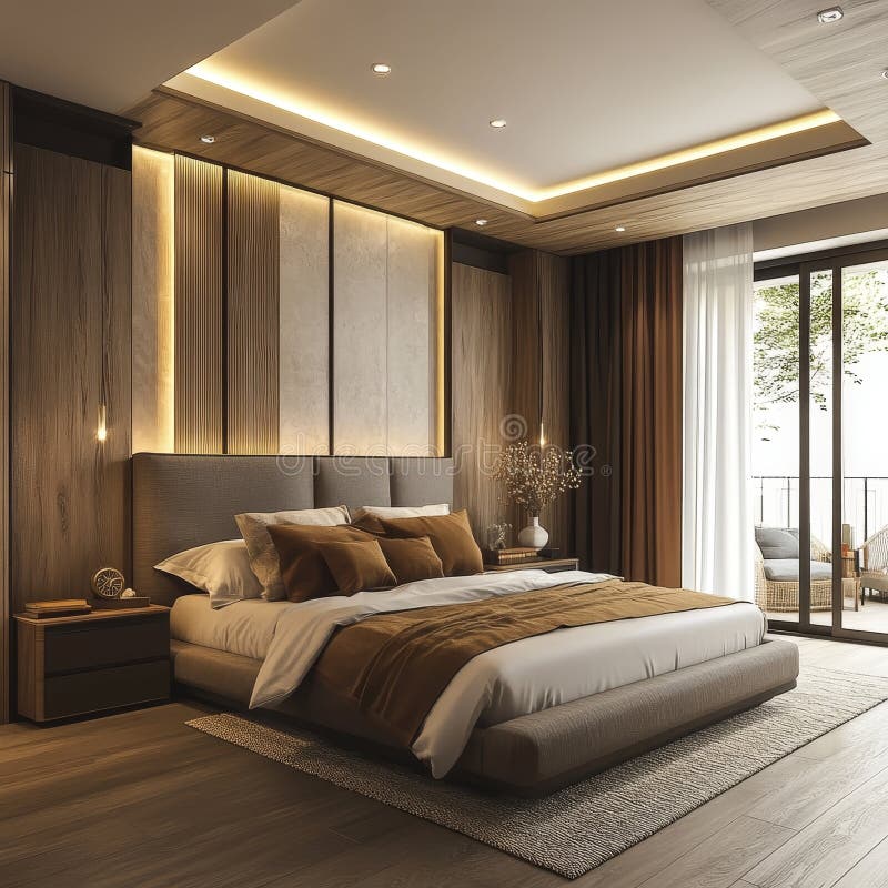 3d Rendering Interior of Modern Bedroom with Wooden and Wood Paneling ...