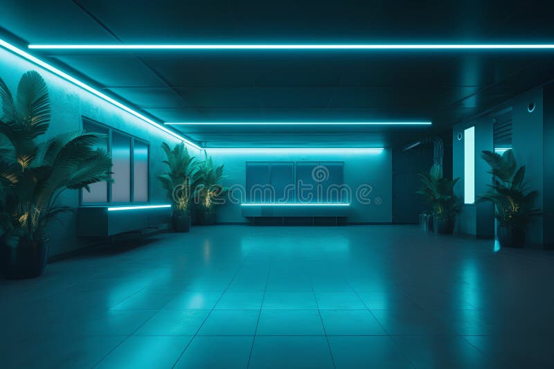 3D Rendering of Interior of a Modern Office Building with Neon Lights ...
