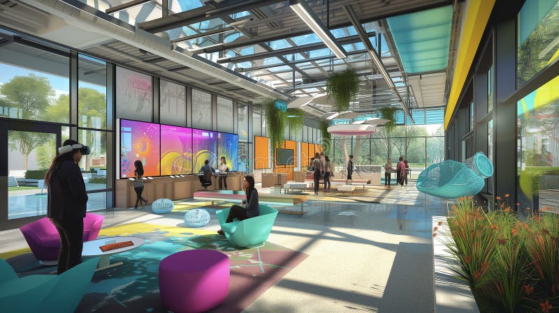 3D Rendering Interior of a Modern Office Hall with People Around. Stock ...