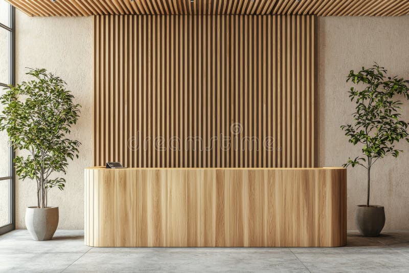 A 3D Rendering of the Interior of a Modern Office Lobby with a Wooden ...