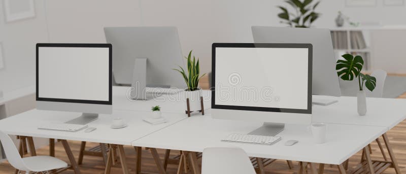 3D Rendering, Interior Office Design with Office Desk with Four ...