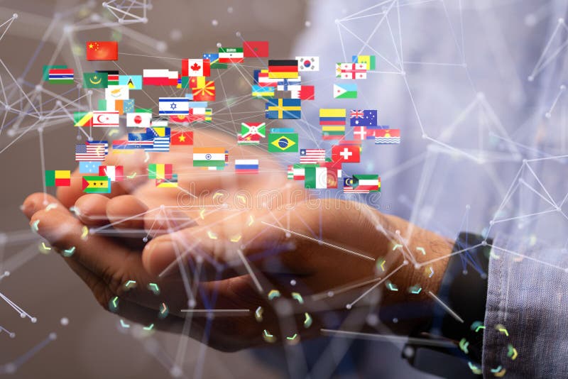 3D Rendering of International Flags Floating Above a Hand for Global ...
