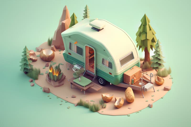 3d Rendering Isometric Camping Trailer on the Ground with Pine Trees ...