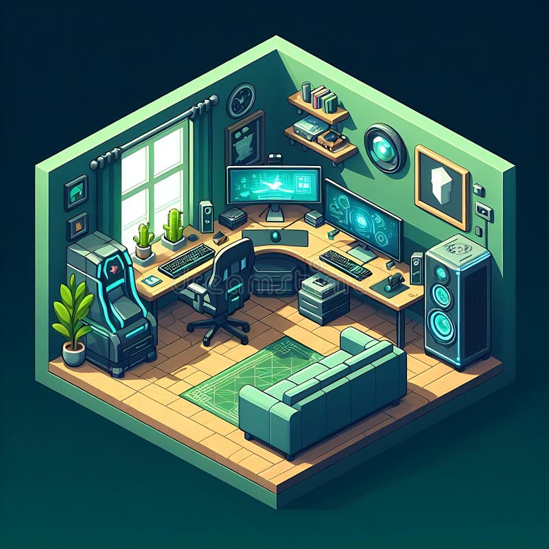 3d Rendering of Isometric Green Gaming Room with Computer Pc Stock ...