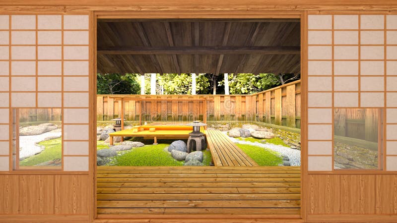 3D Rendering of the Japanese-style Inn and Garden Stock Illustration ...