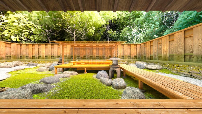 3D Rendering of the Japanese-style Inn and Garden Stock Illustration ...