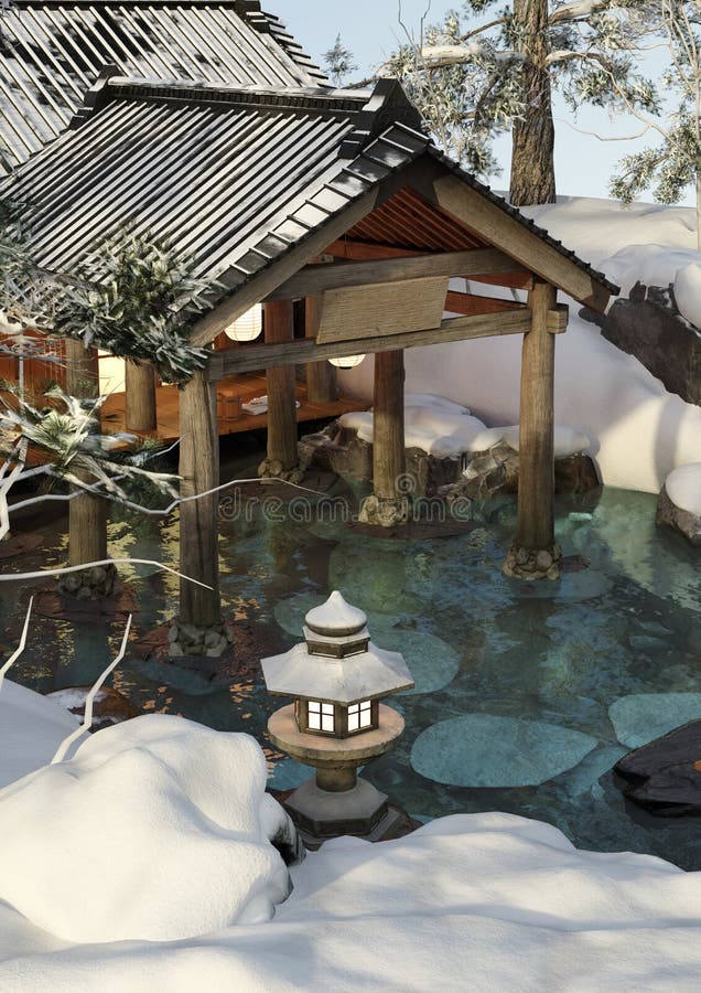 3D Rendering Japanese Winter Spa Stock Illustration - Illustration of ...
