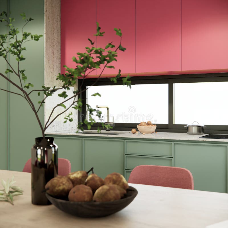 3d Rendering Kitchen Counter and Island with Chairs. Close Up Dining ...