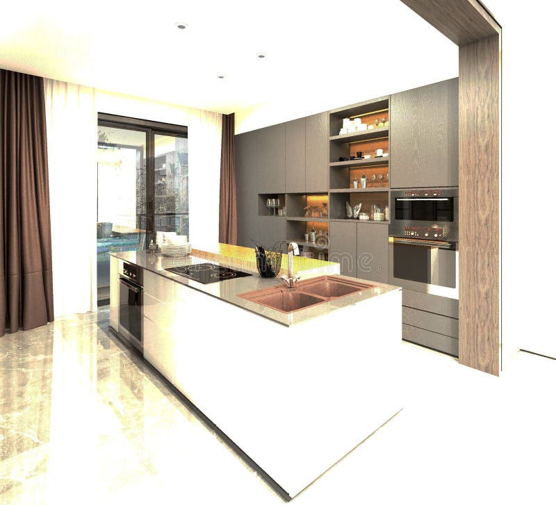 Rendering kitchen room stock illustration. Illustration of beautiful ...