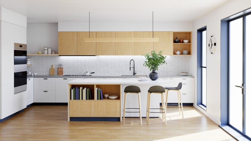 3d Rendering of a Kitchen with White Fronts and Wooden Drawers. Stock ...