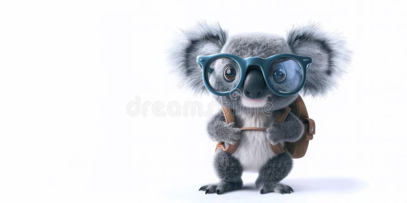 3D Rendering Koala Wearing Glasses with Backpack on Its Back Against ...