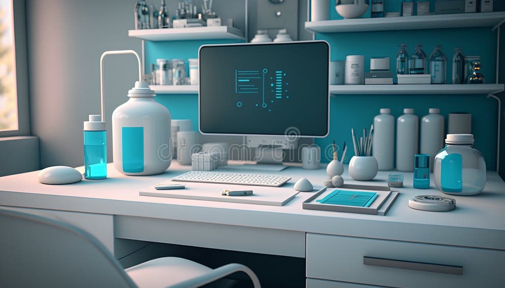 3d Rendering of Laboratory Table with Computer Screen and Science ...