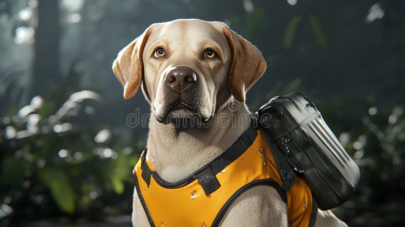 3D Rendering of Labrador Retriever Wearing Yellow Harness and Backpack ...