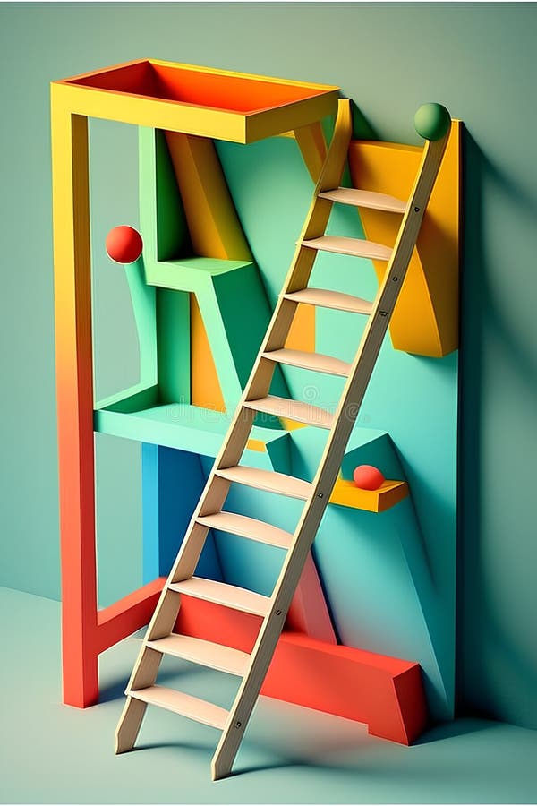 3d Rendering of a Ladder in a Colorful Room with Geometric Shapes Stock ...
