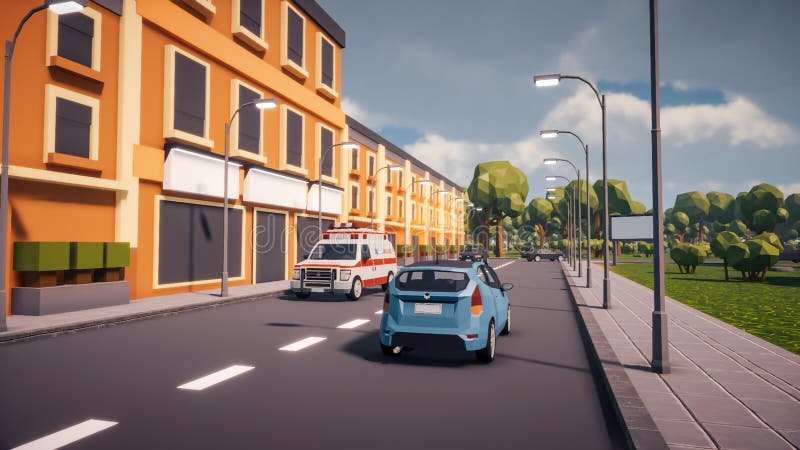 3D Rendering Landscape of Old Town Street Created with Computer Low ...