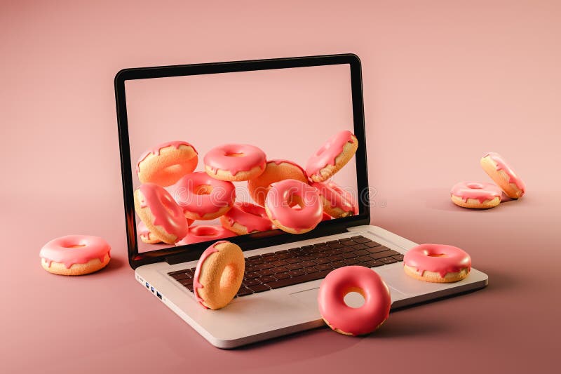 3d Rendering of Laptop with Donuts Placed on Pink Surface Stock ...