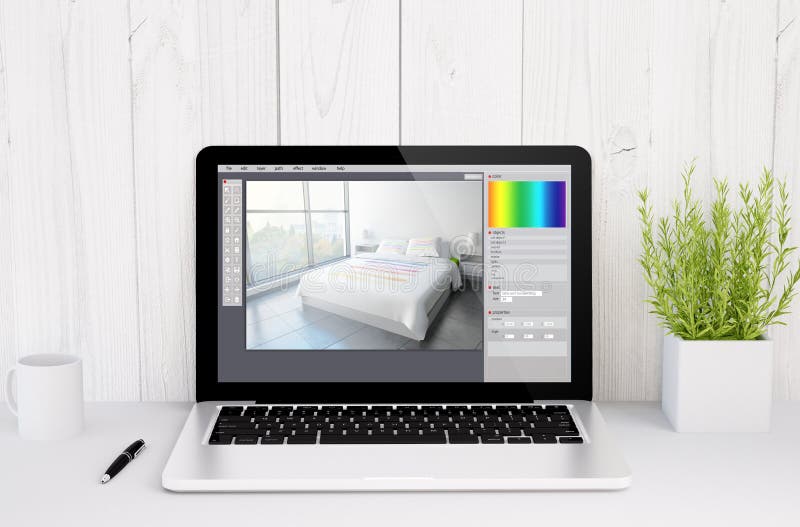 Laptop on Table Interior Design Stock Illustration - Illustration of ...