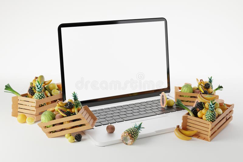 3d Rendering of Laptop Mock Up with Healthy Fruits Placed on Screen ...