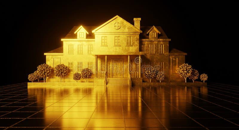 A 3D Rendering of a Large House Entirely in Gold, Featuring Classic ...