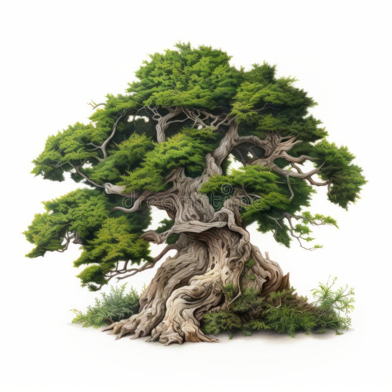 Hyper-realistic Heian Period Illustration of Yew Tree on White ...