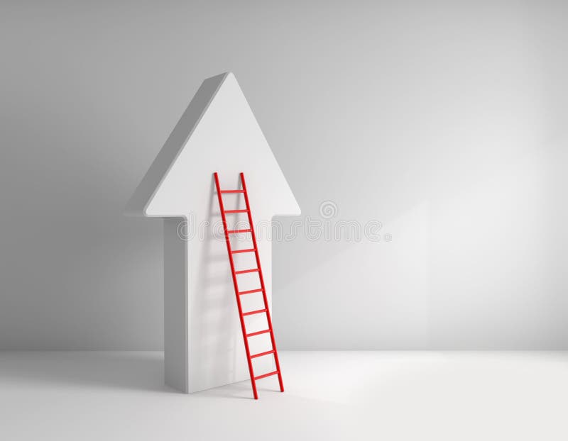 3D Rendering of a Large White Arrow Pointing Up and a Red Ladder ...