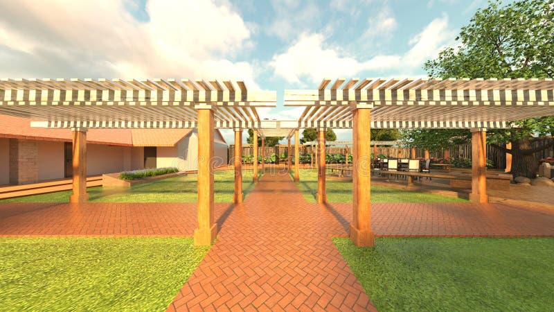 3D Rendering of the Lawn Yard with Lattice Roofed Walkway Stock ...