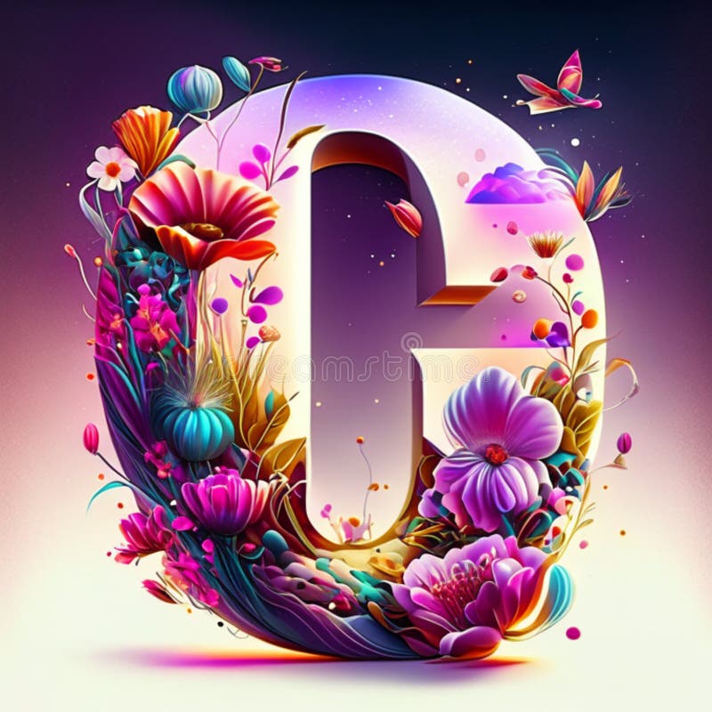3d Rendering of Letter G with Flowers and Butterflies on Gradient ...
